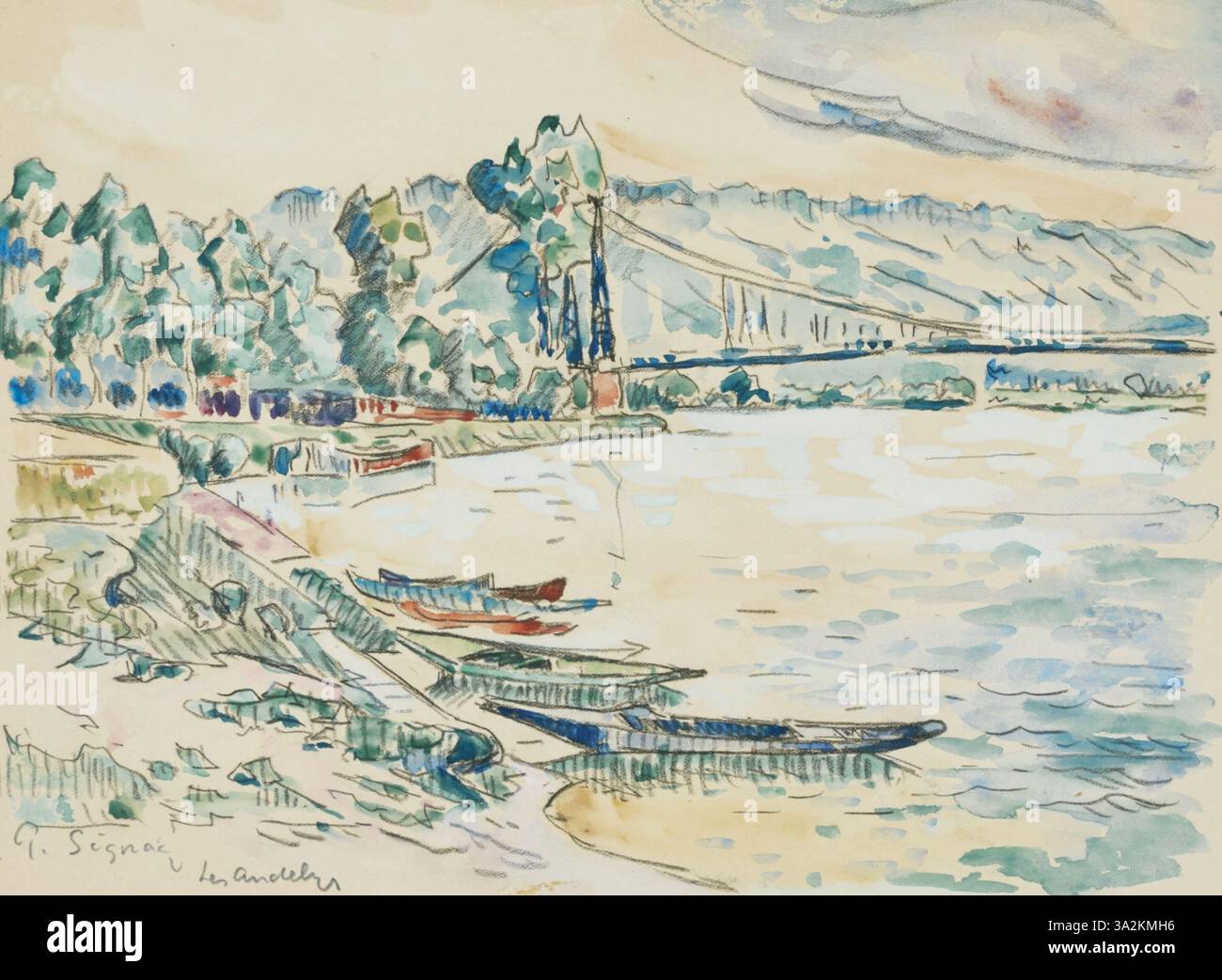 This artwork by Paul Signac highlights a bridge over the river in Les ...