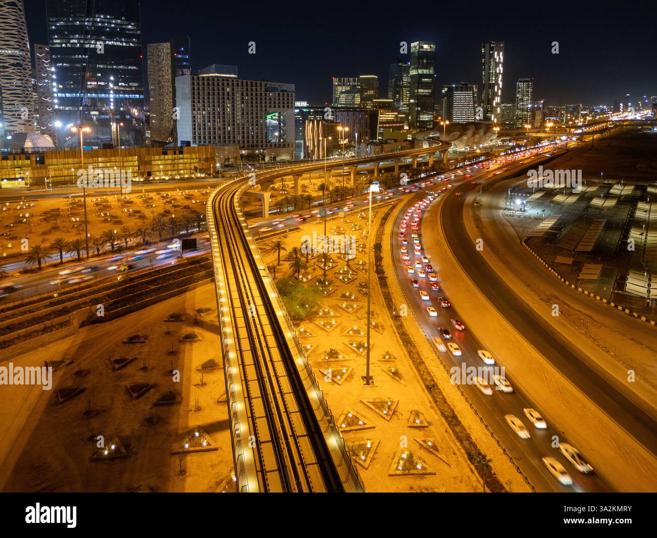 Nighttime Aerial View of Riyad City Lights and Highways. KAFD Stock ...