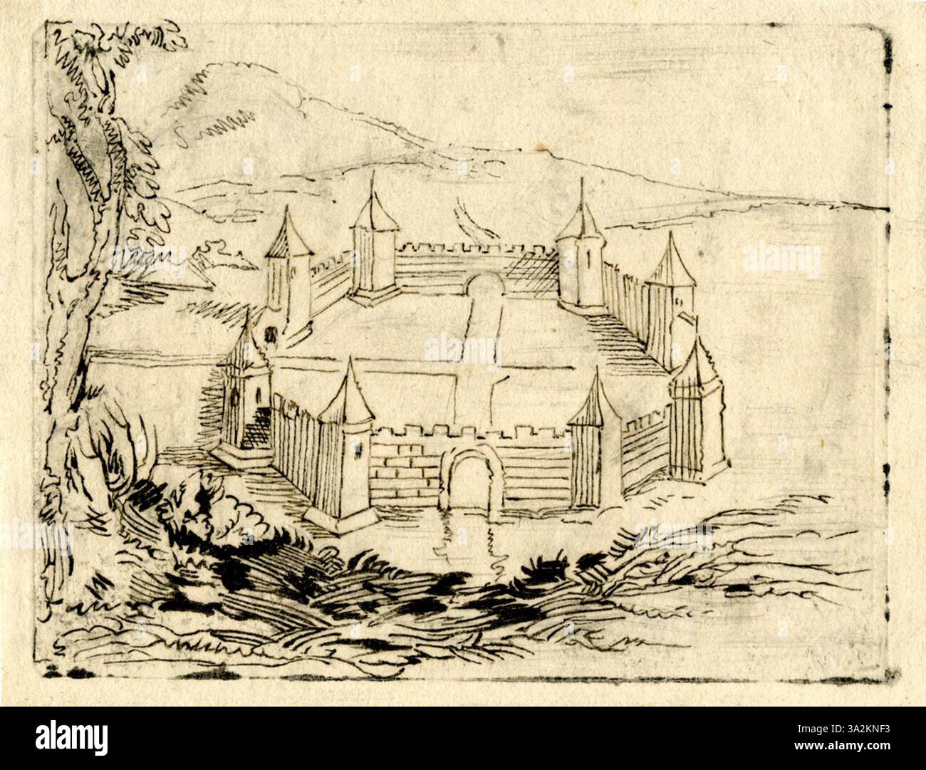 This reproduction shows a castle surrounded by a moat, with trees ...