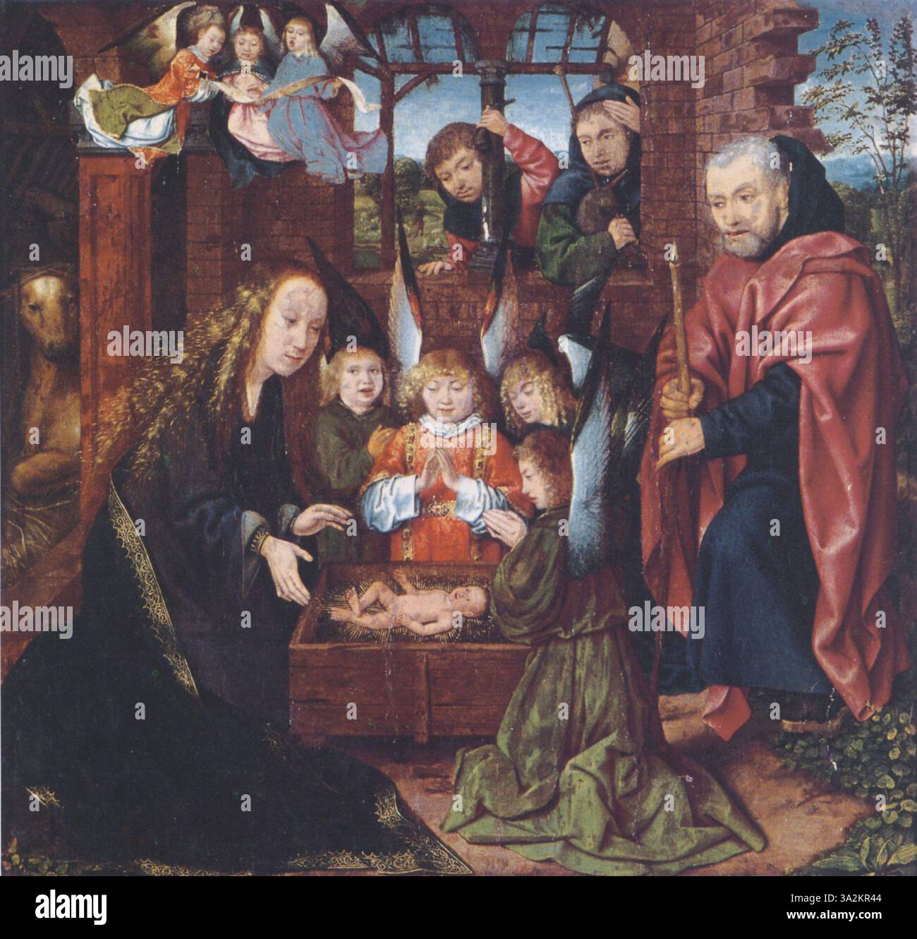 This painting by the Master of Frankfurt depicts the Nativity scene, focusing on the Virgin Mary ...