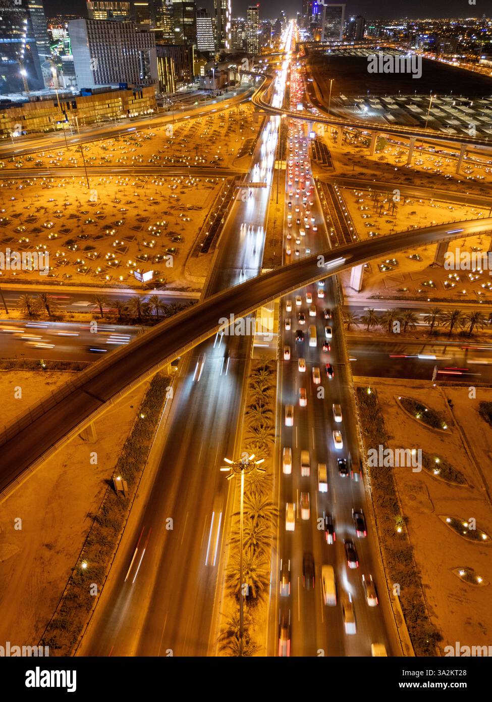 Nighttime Aerial View of Riyad City Lights and Highways. KAFD Stock ...