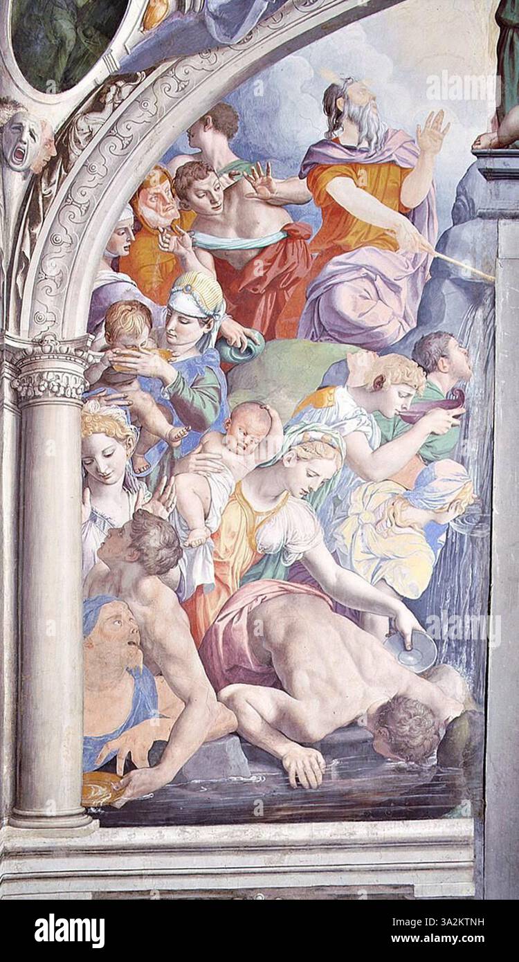 This painting depicts the biblical scene where Moses strikes the rock ...