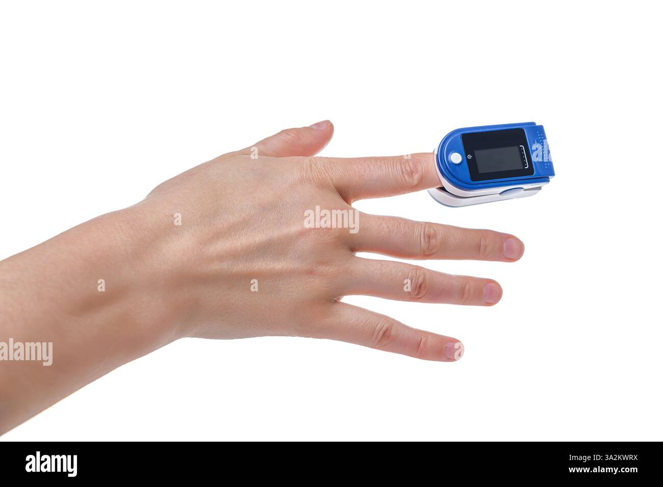 A close-up image of a person's hand with a blue and white pulse ...