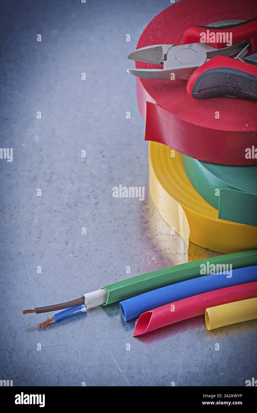 Set of insulating tapes nippers electric wires construction concept ...