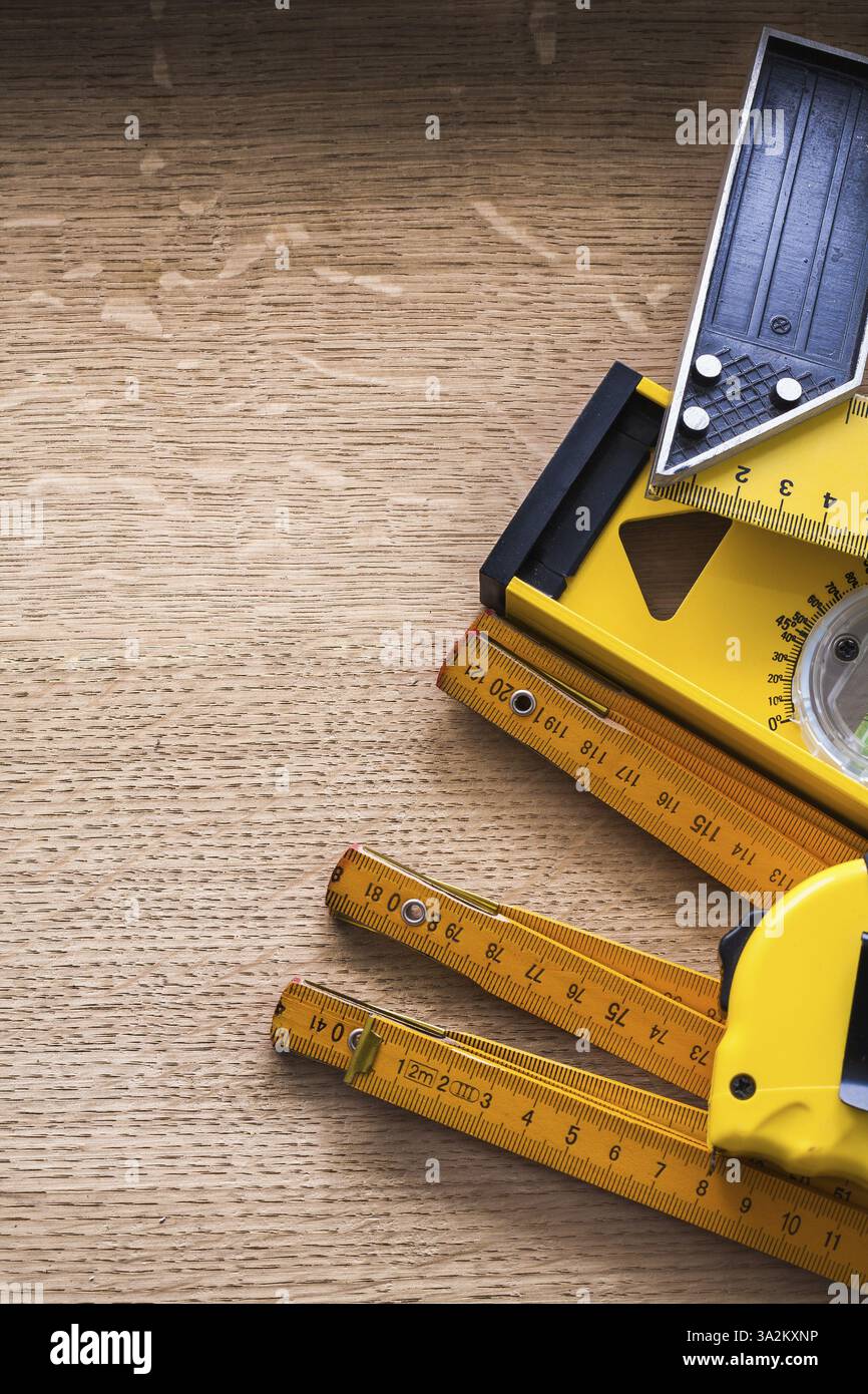 Set objects of measurement on oaken wooden board maintenance concept ...