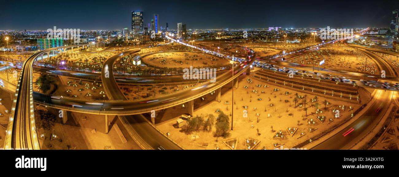 Nighttime Aerial View of Riyad City Lights and Highways. KAFD. Panorama ...