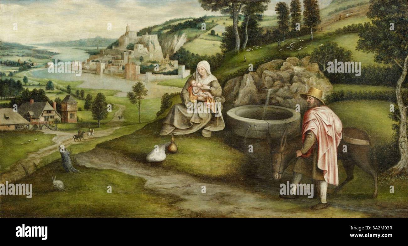This painting, titled 'Rest on the Flight,' depicts the Holy Family ...
