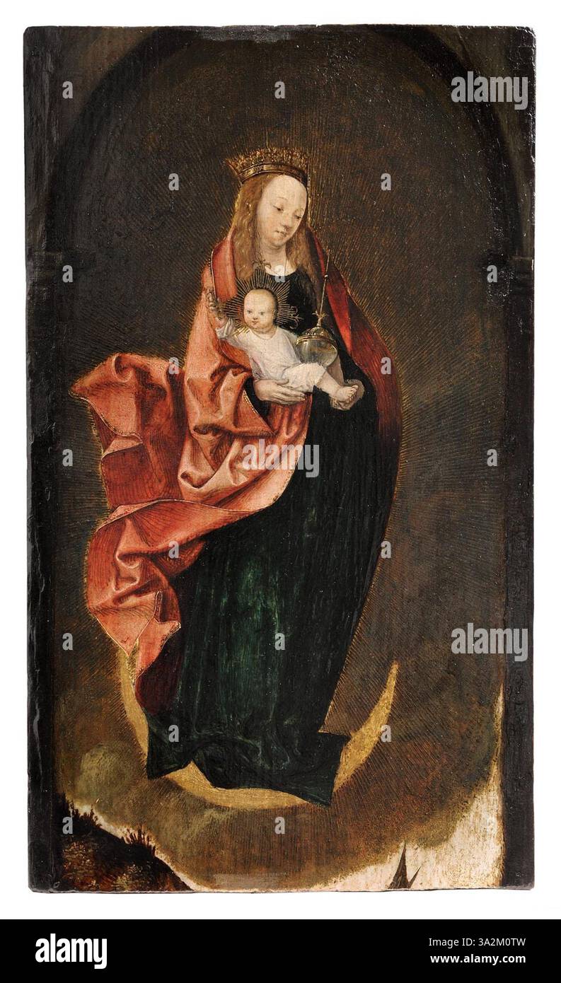 The painting depicts the Virgin Mary with the Christ Child, both situated on a crescent moon, a ...