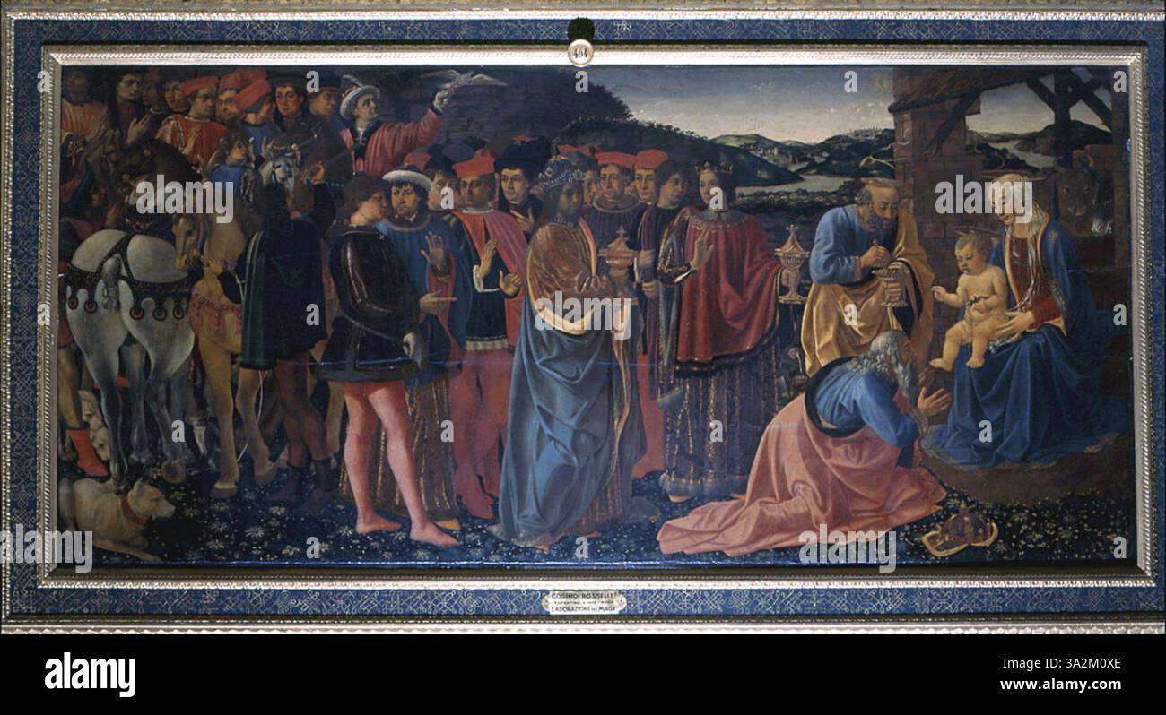 This artwork by Cosimo Rosselli depicts the Adoration of the Magi, showing the three wise men ...