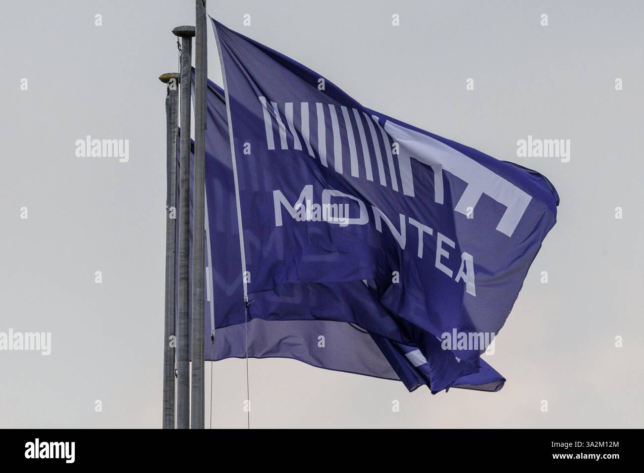 A logo pictured at the headquarters of Montea, developer and investor ...