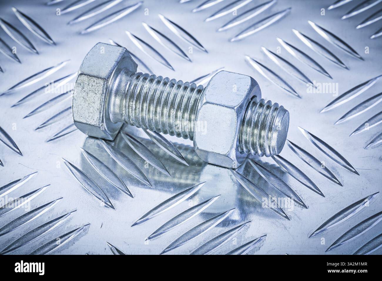 Stainless bolt with threaded nut on channeled metal plate construction ...
