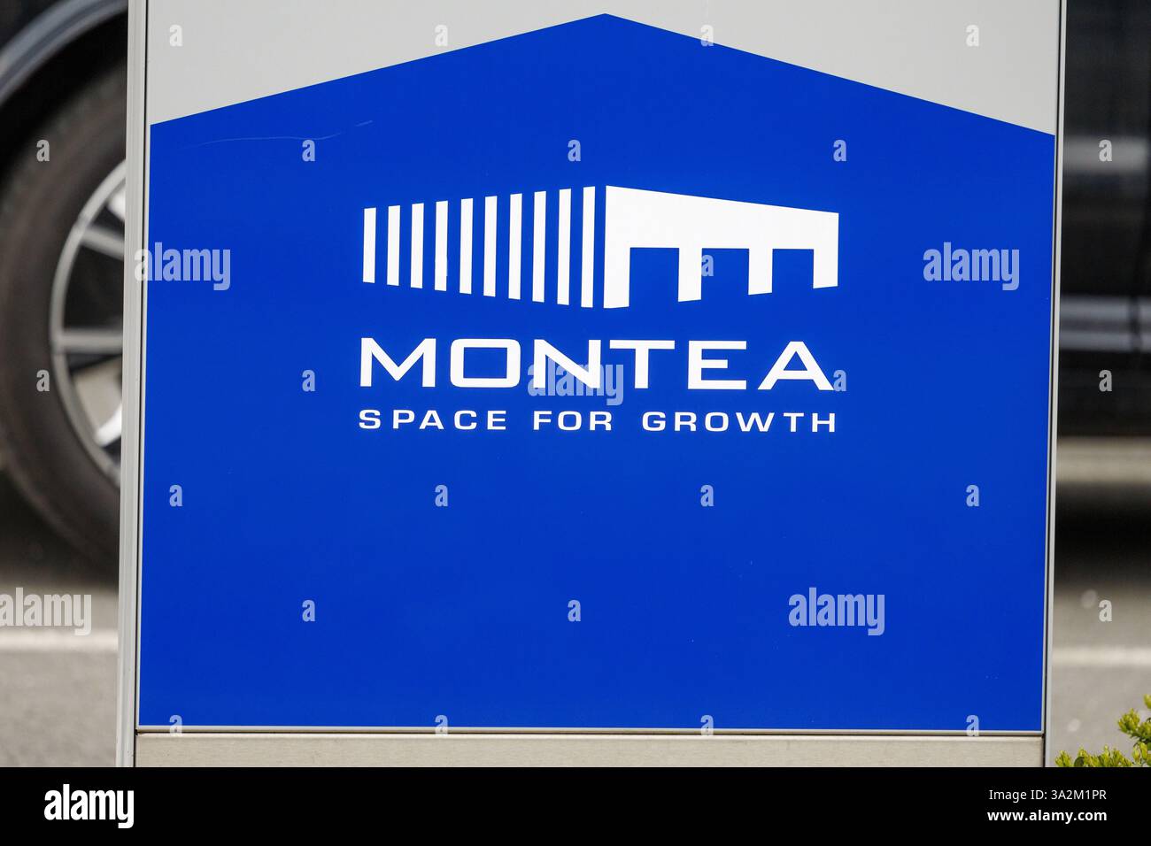 A logo pictured at the headquarters of Montea, developer and investor ...