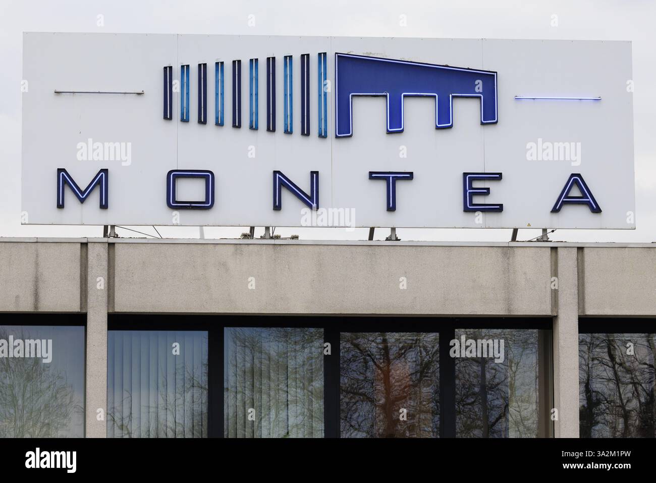 A logo pictured at the headquarters of Montea, developer and investor ...