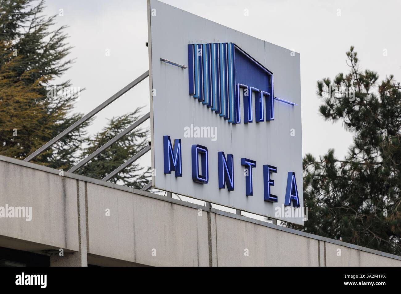 A logo pictured at the headquarters of Montea, developer and investor ...