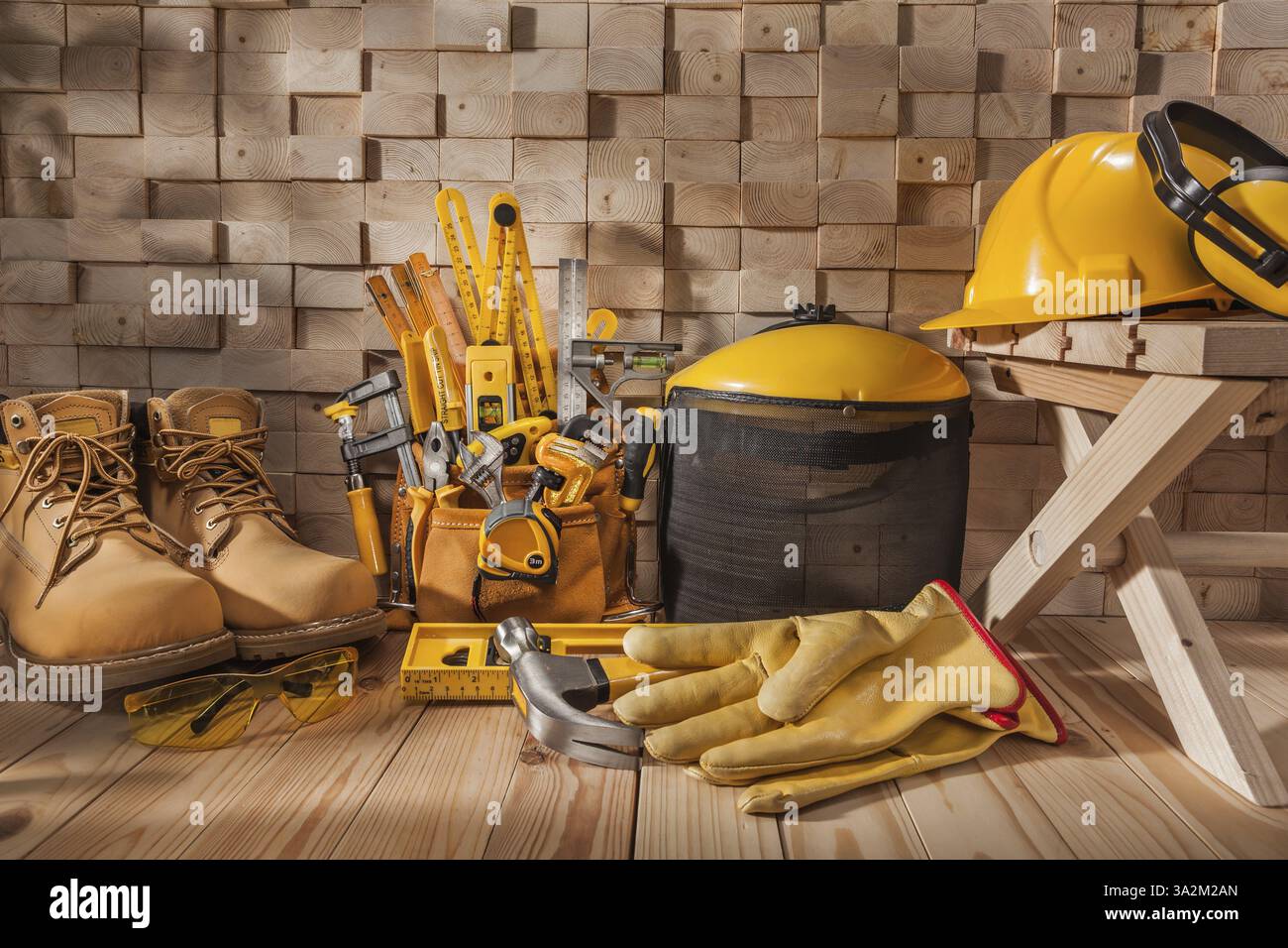 Yellow Carpenter Working Tools Set On Construction Site. On Background ...