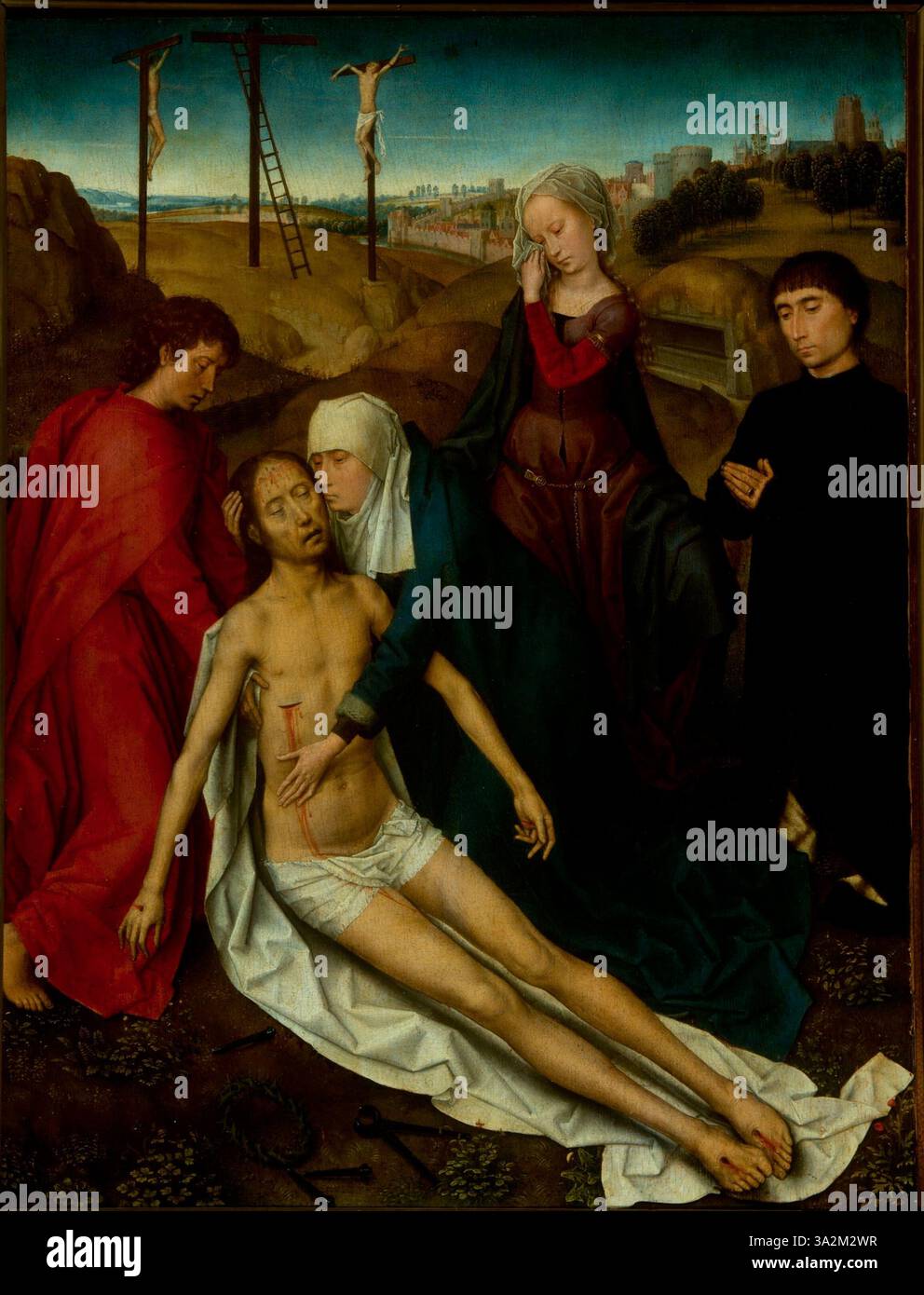 This painting by Hans Memling shows the Lamentation over the Body of Christ with a donor figure ...