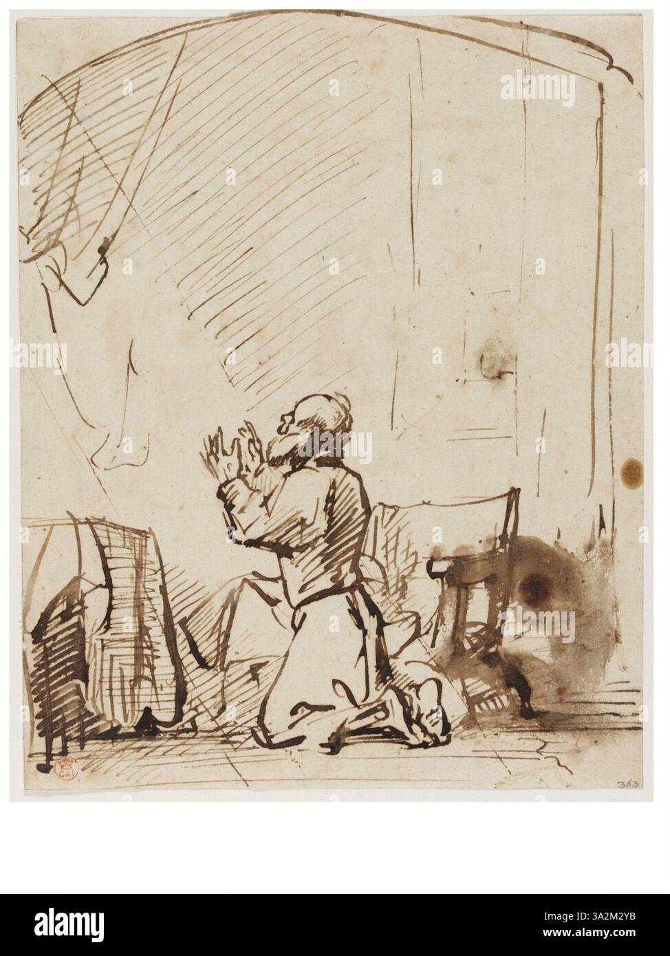 This artwork depicts a man kneeling, possibly in prayer or devotion ...