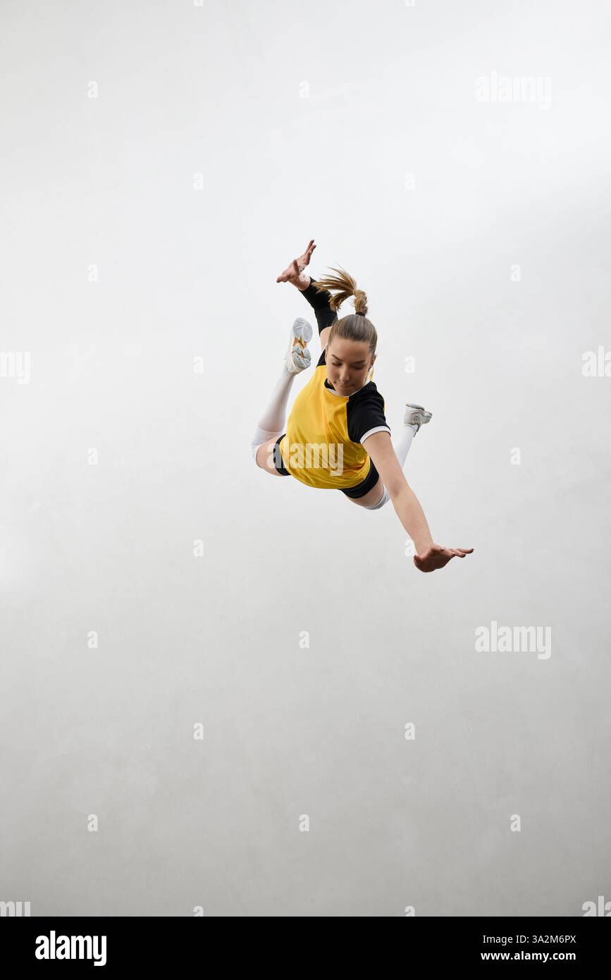 Top view dynamic image of female volleyball player in motion during ...