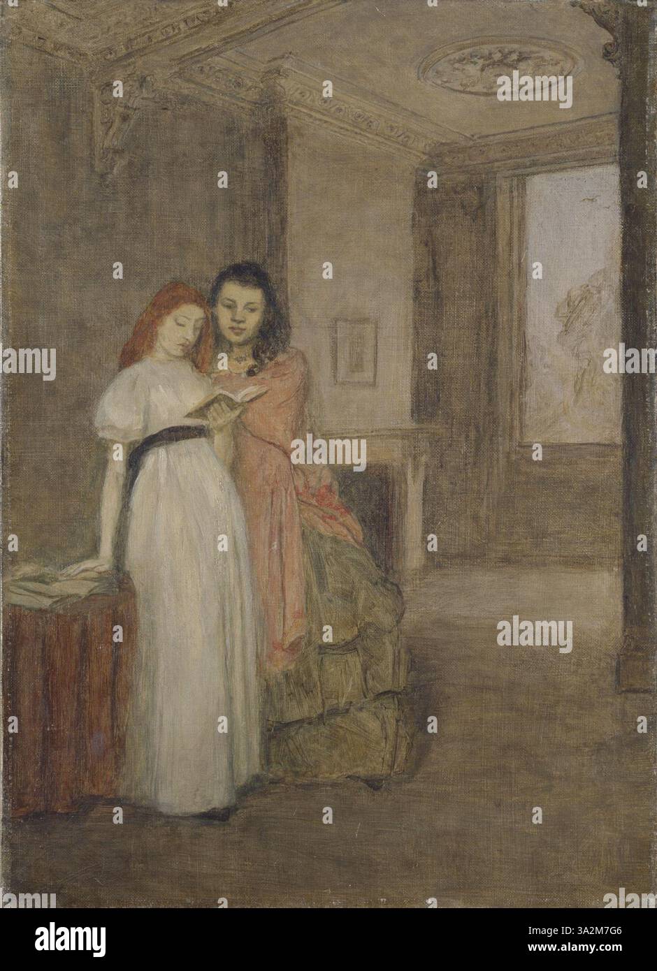 This interior scene depicts two figures in conversation or quiet ...