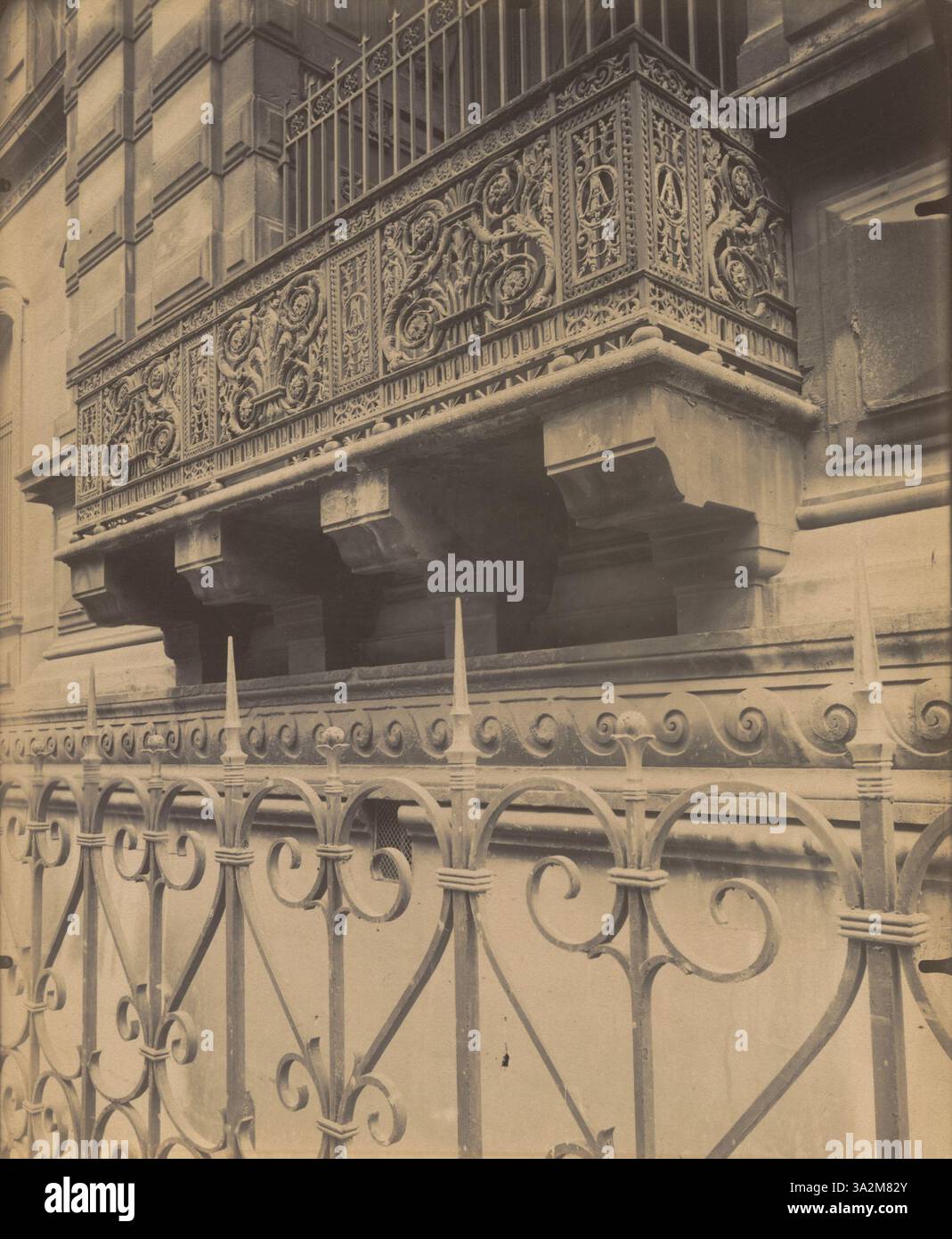 A 1913 photograph by Eugène Atget showing the 'Balcon du Louvre,' also ...