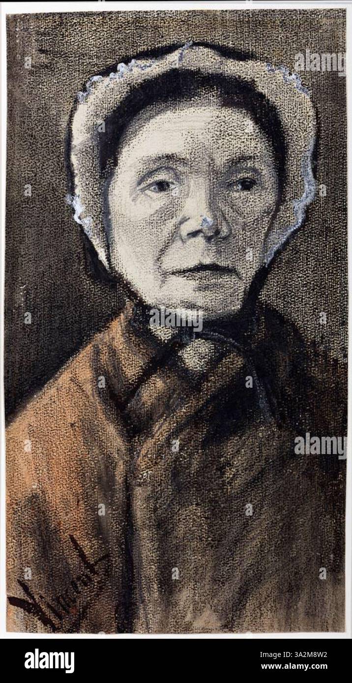 This portrait by Van Gogh shows a woman wearing a dark hood and cap ...