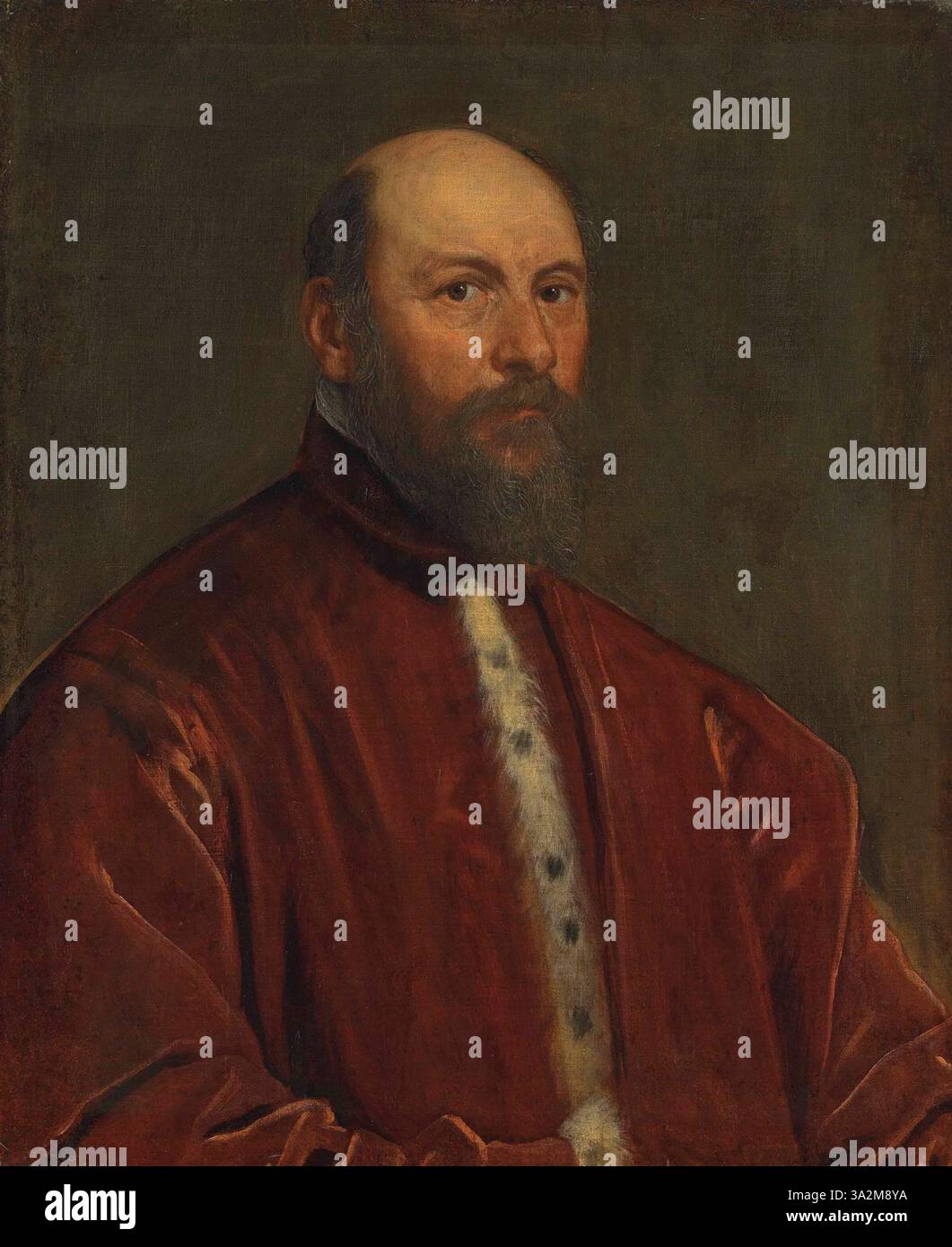 This half-length portrait depicts a Venetian senator in red robes with ...