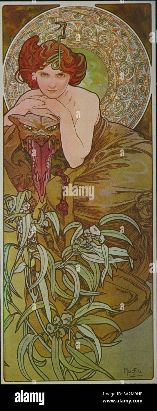 'Bridges, P35' by Alphonse Mucha features stylized human figures set within intricate, flowing ...