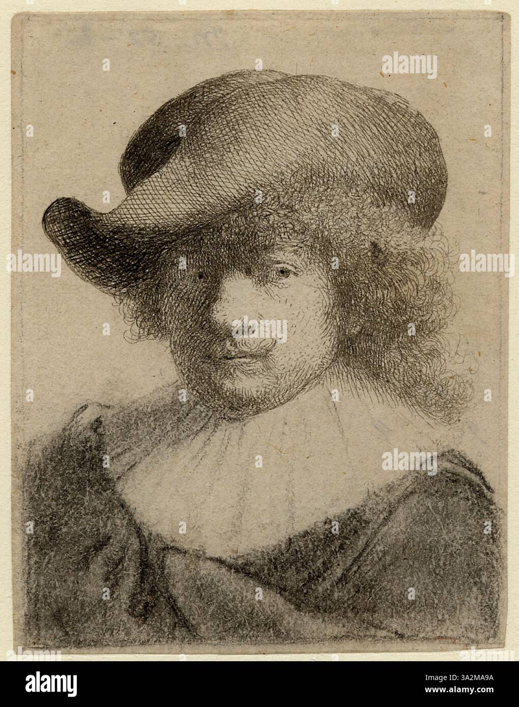 An etching by Rembrandt, featuring a strong contrast of light and ...