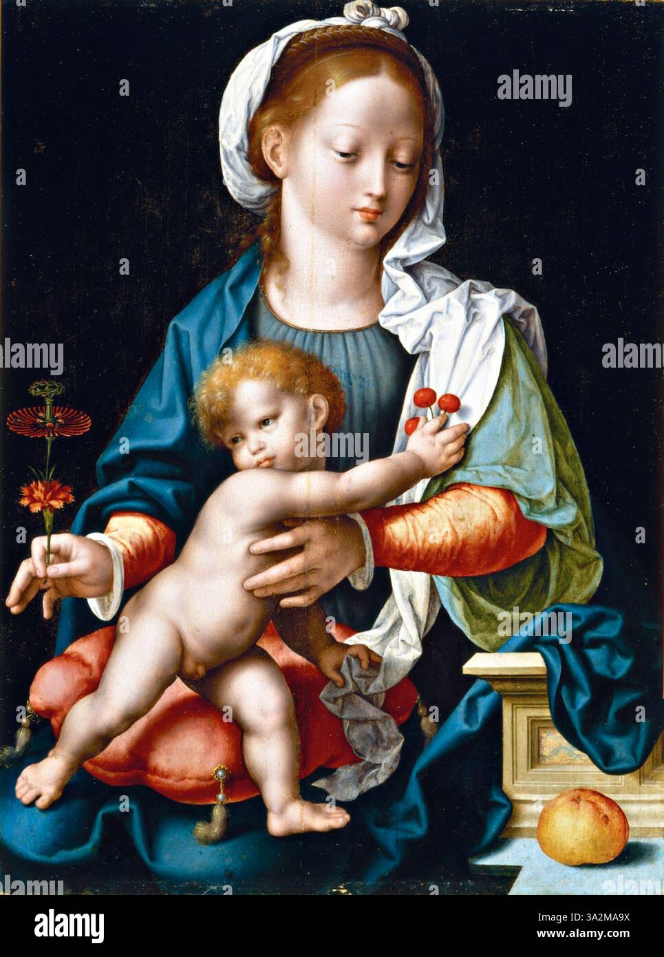 This Madonna and Child painting by Joos van Cleve, created around 1530-1535, depicts the Virgin ...