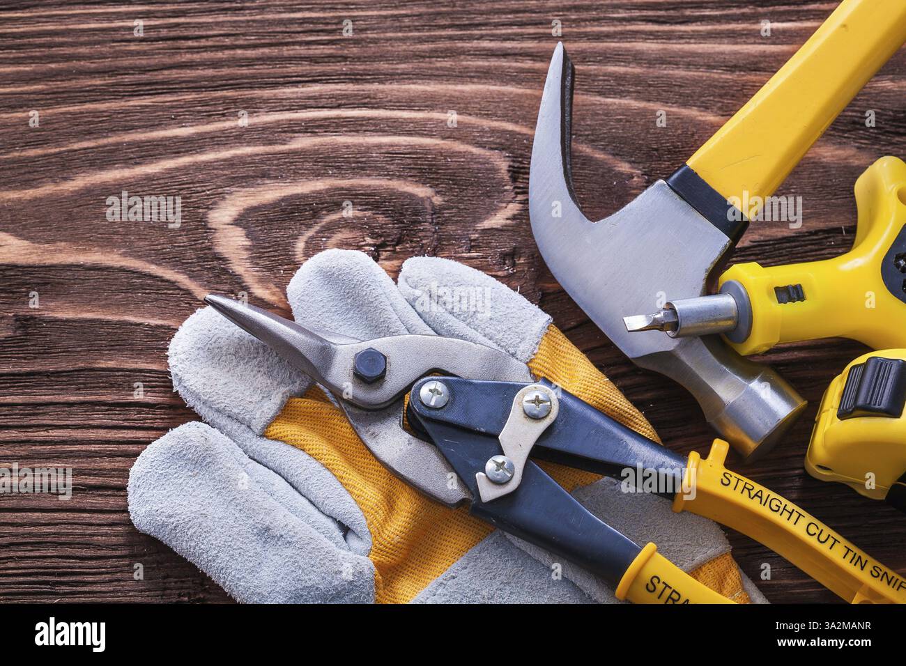 Set of various working objects on wood board construction concept Stock ...