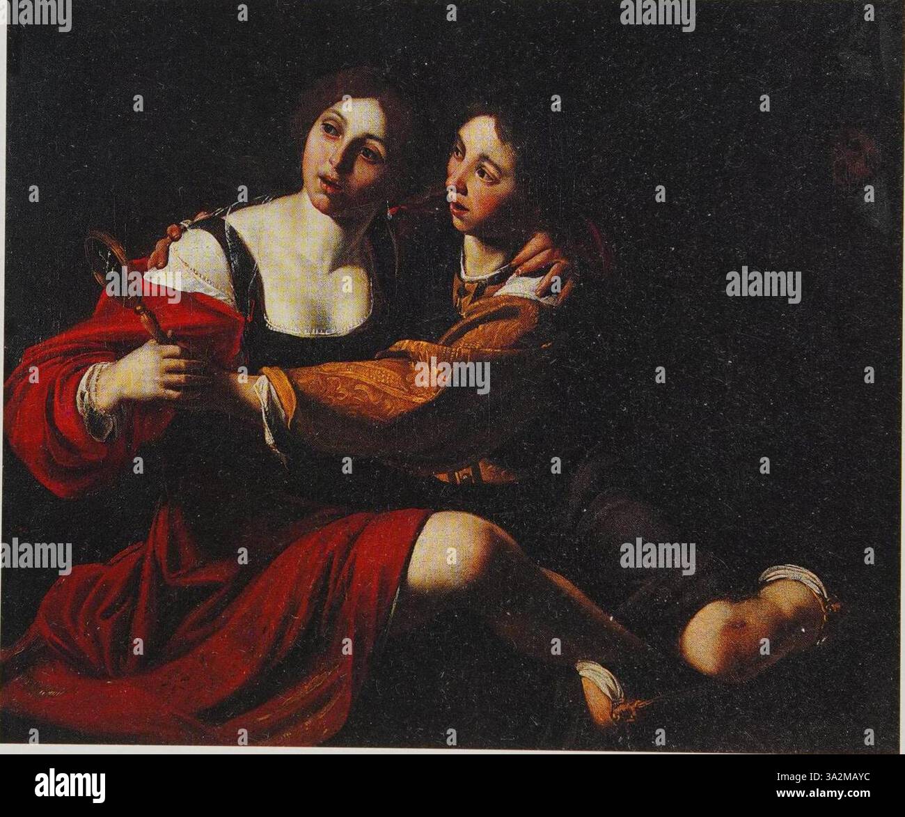 This work, attributed to Caravaggio, shows his mastery in rendering lifelike figures with a deep ...