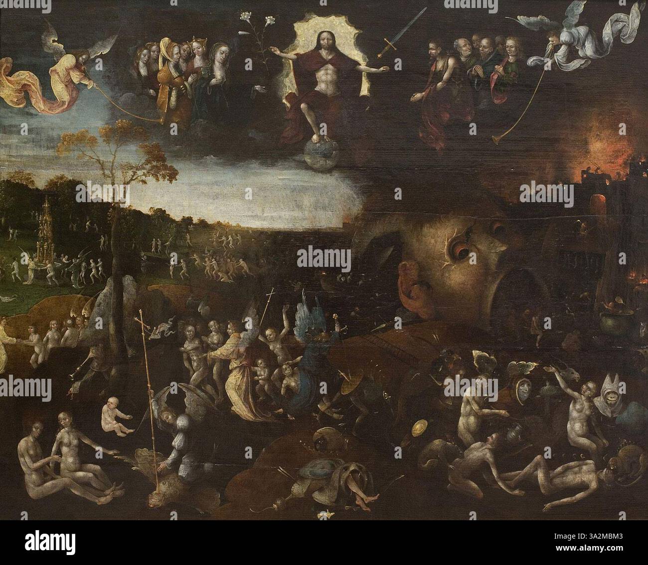 This work, attributed to a follower of Hieronymus Bosch, depicts the Last Judgment, where souls ...