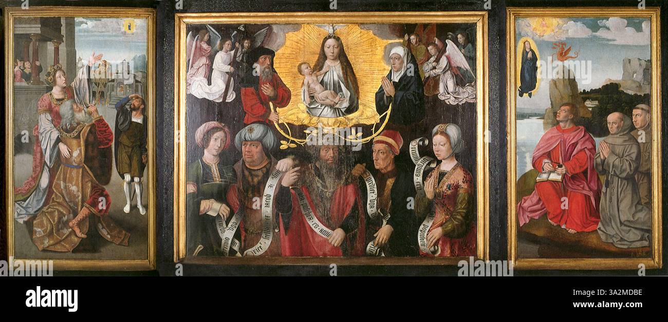 This triptych by the Master of the Holy Blood portrays the Glorification of the Virgin Mary ...