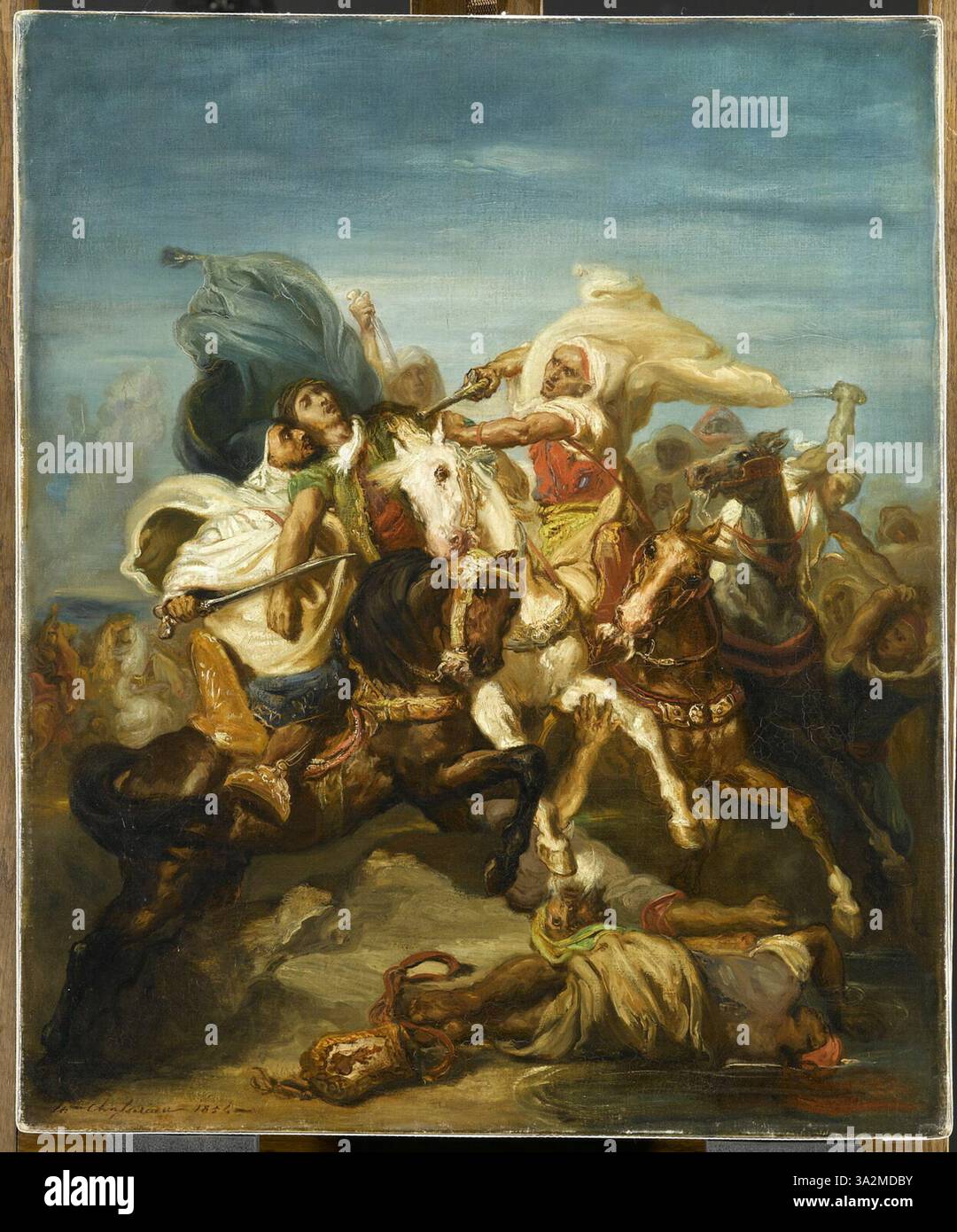 This artwork depicts a dramatic battle between Arab horsemen, capturing ...