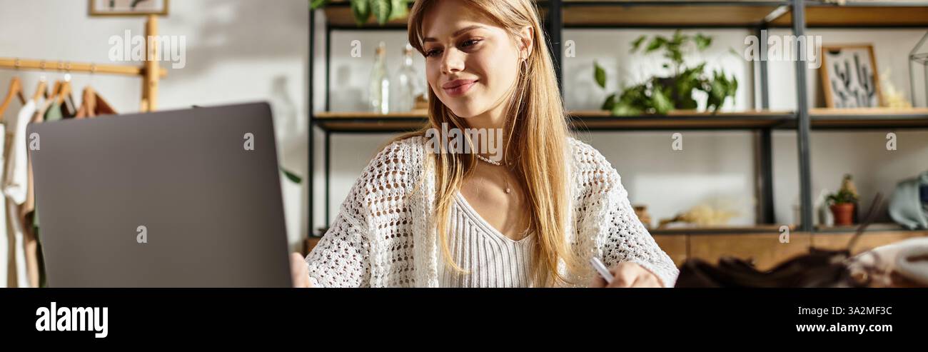 Pretty young woman happily organizes her clothes for donation while ...