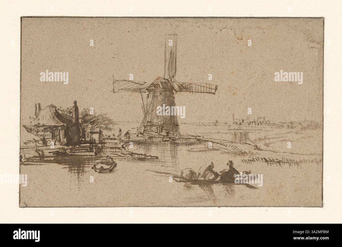 Rembrandt's 'Landscape with Windmill Beside Water' depicts a classic ...