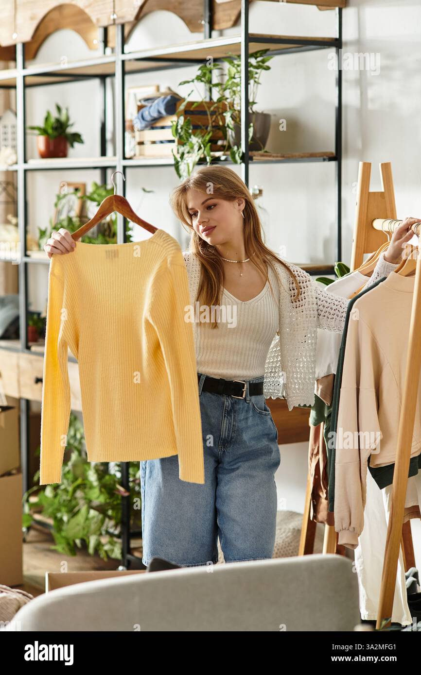 Pretty young woman sorts her clothes in a cozy, plant-filled space for ...
