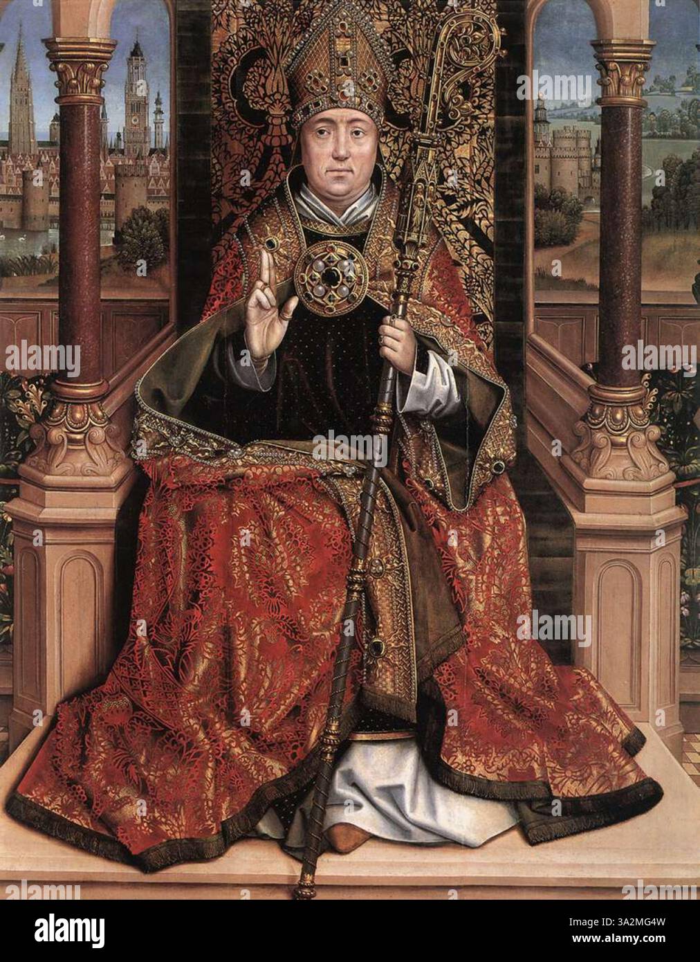 This artwork features Saint Augustine enthroned as an Episcopal figure ...