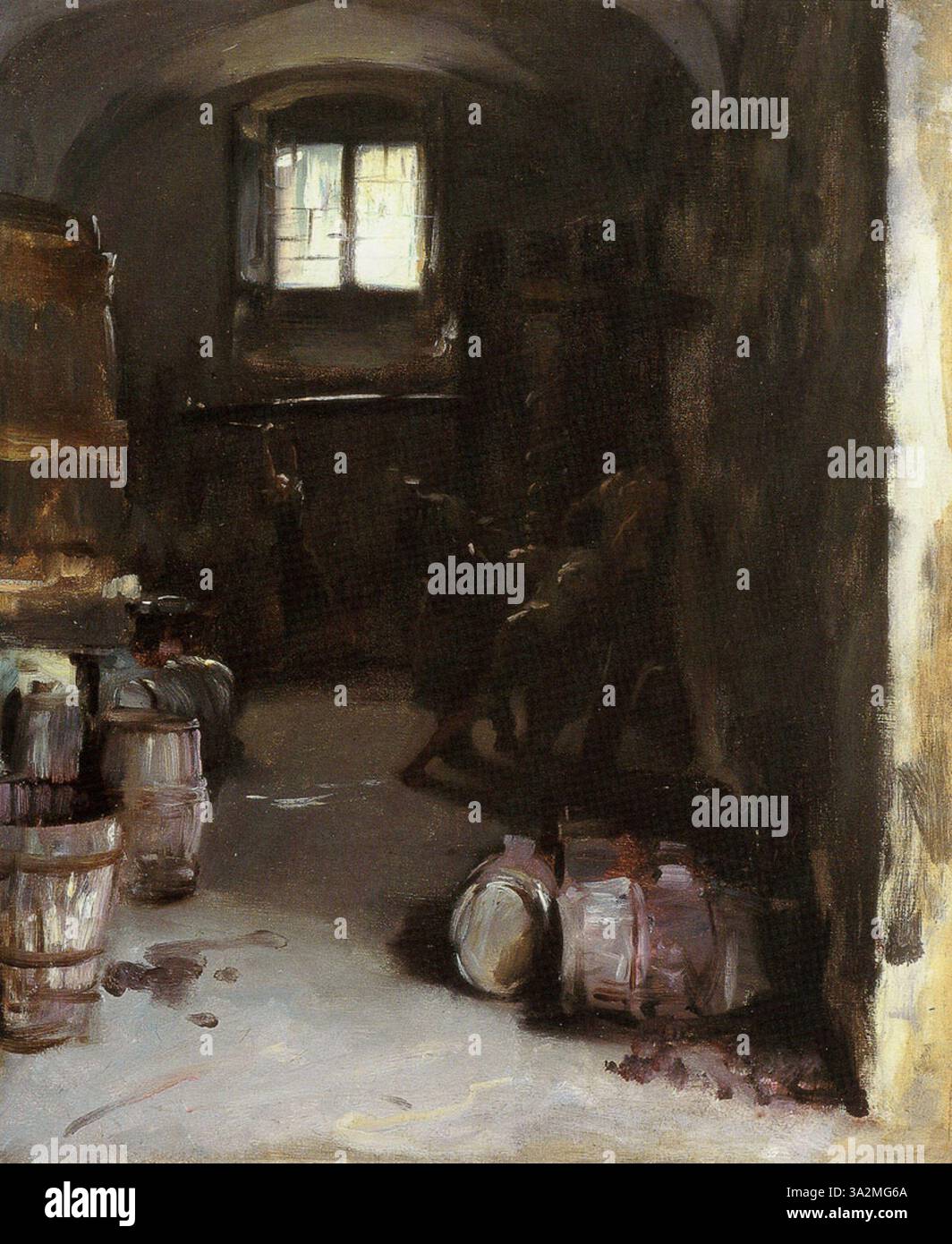 This painting depicts a scene in a Florentine wine cellar, with workers ...
