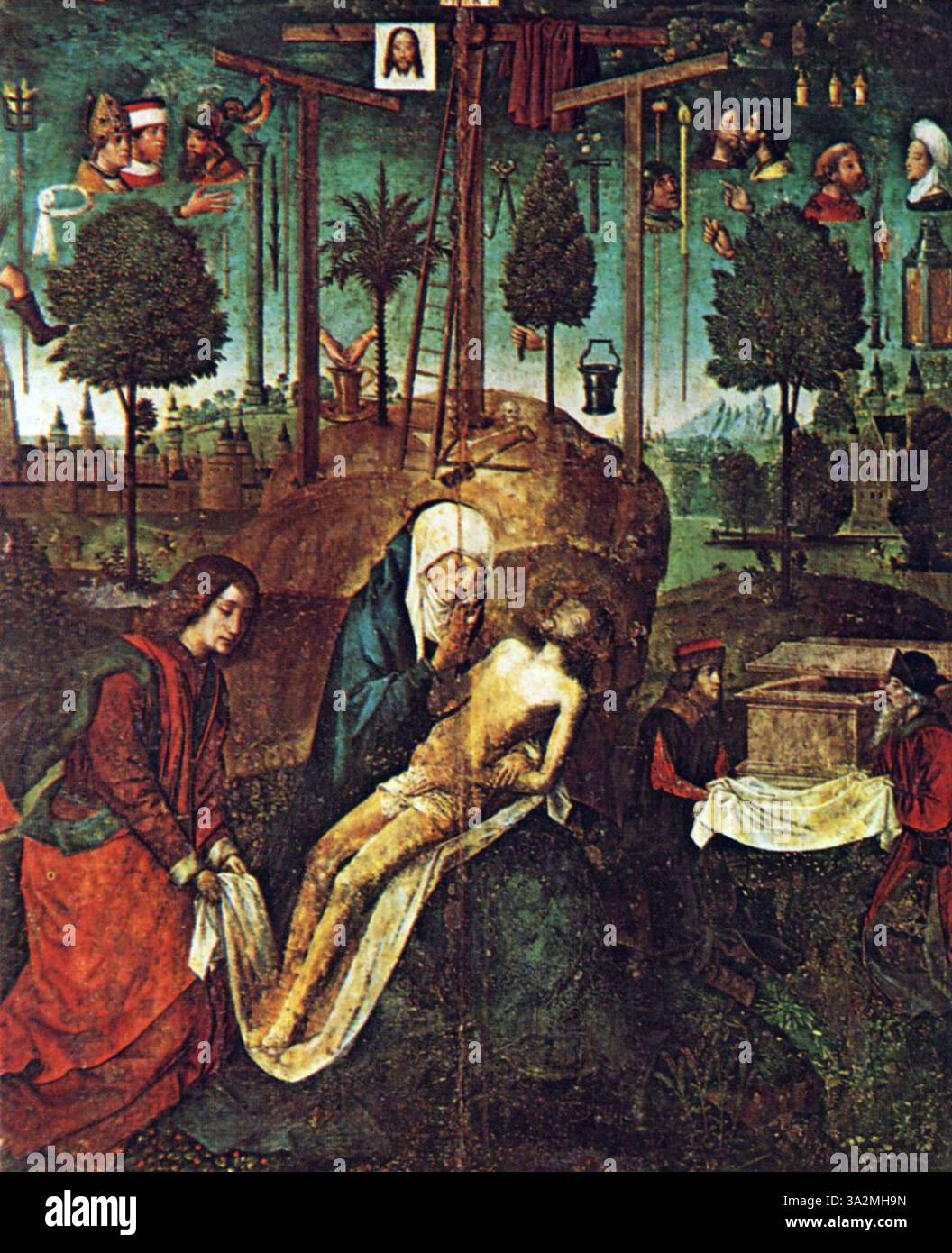 This painting depicts the Lamentation scene, showing the Virgin Mary mourning Christ’s death ...