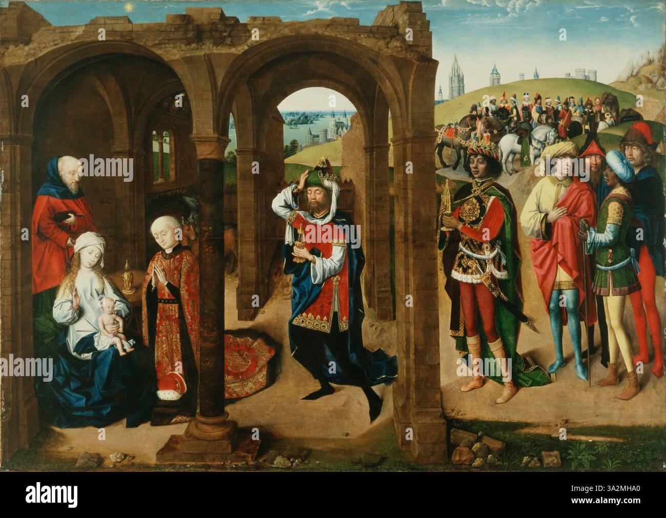 This artwork depicts the Adoration of the Magi, with the three kings presenting gifts to the ...