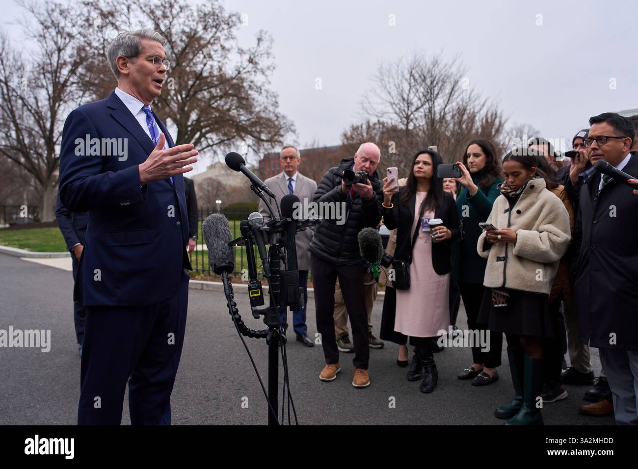 Treasury Secretary Scott Bessent speaks with reporters at the White ...