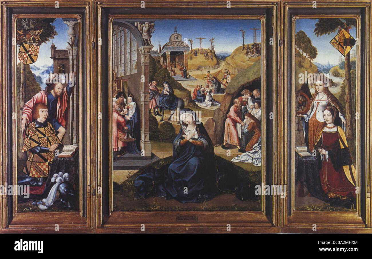 This altarpiece depicts the Seven Sorrows of Mary, with St. Christopher ...