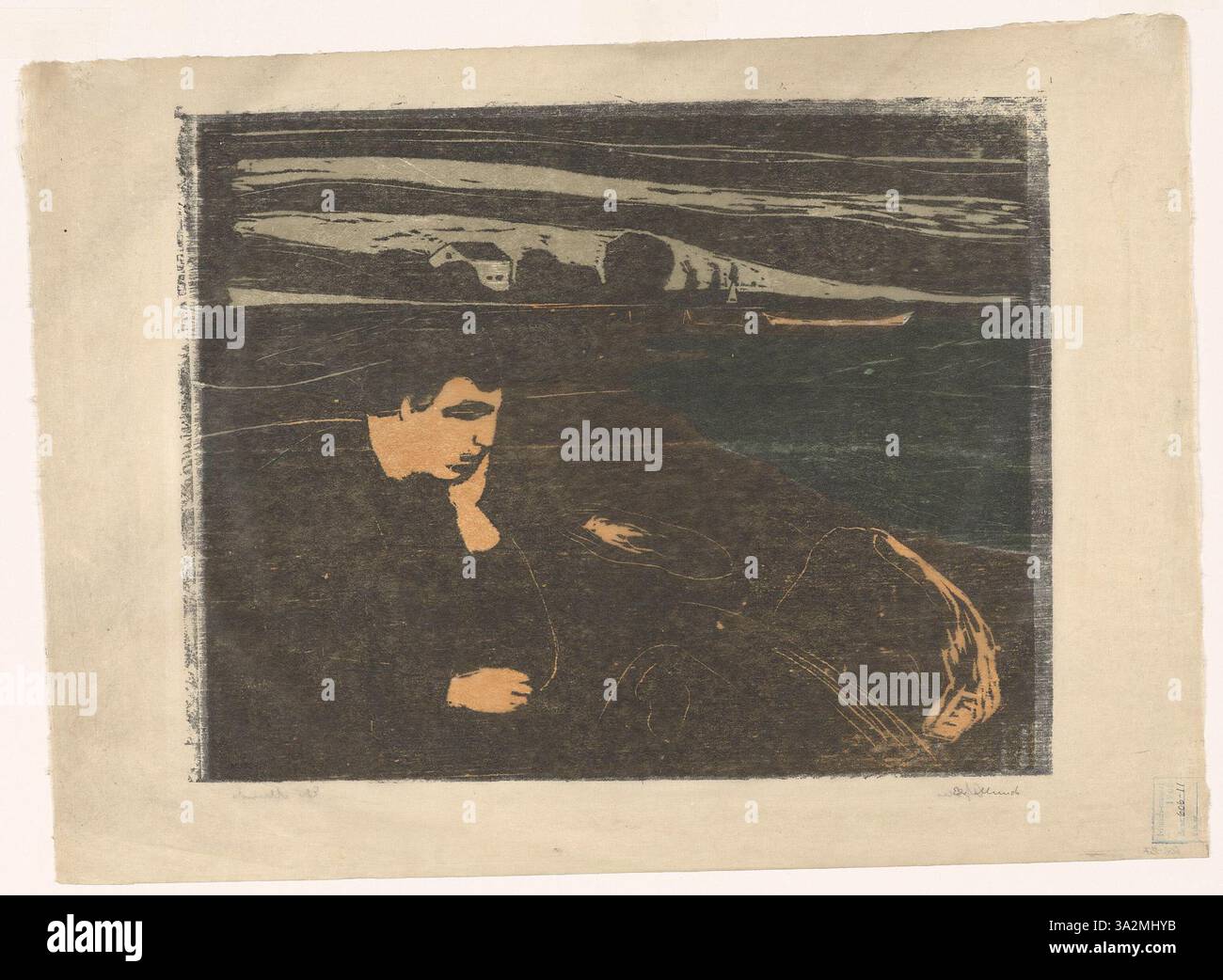 In this piece, a figure in a pensive position conveys deep melancholy ...