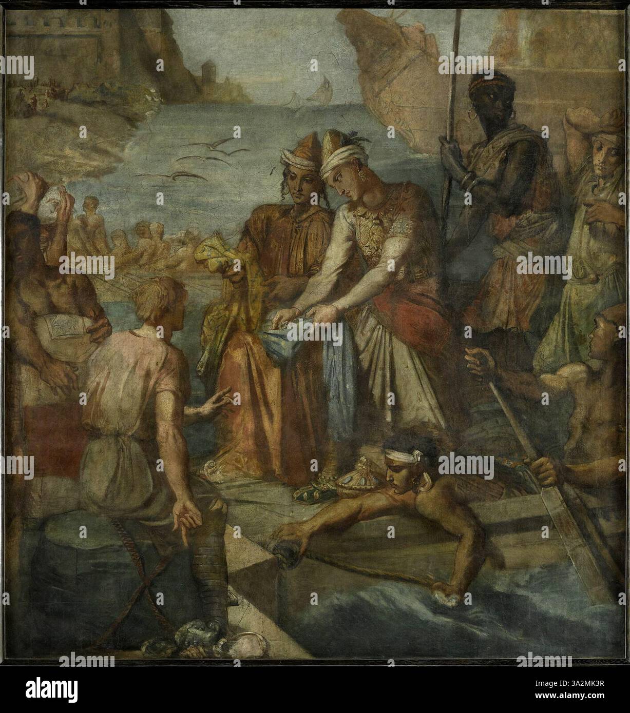 This painting depicts Eastern merchants in a Western port, highlighting ...