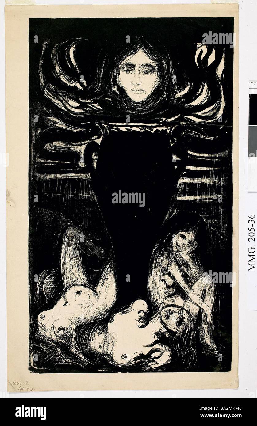 'The Urn' presents a stark, powerful symbol of mortality. Munch uses a ...