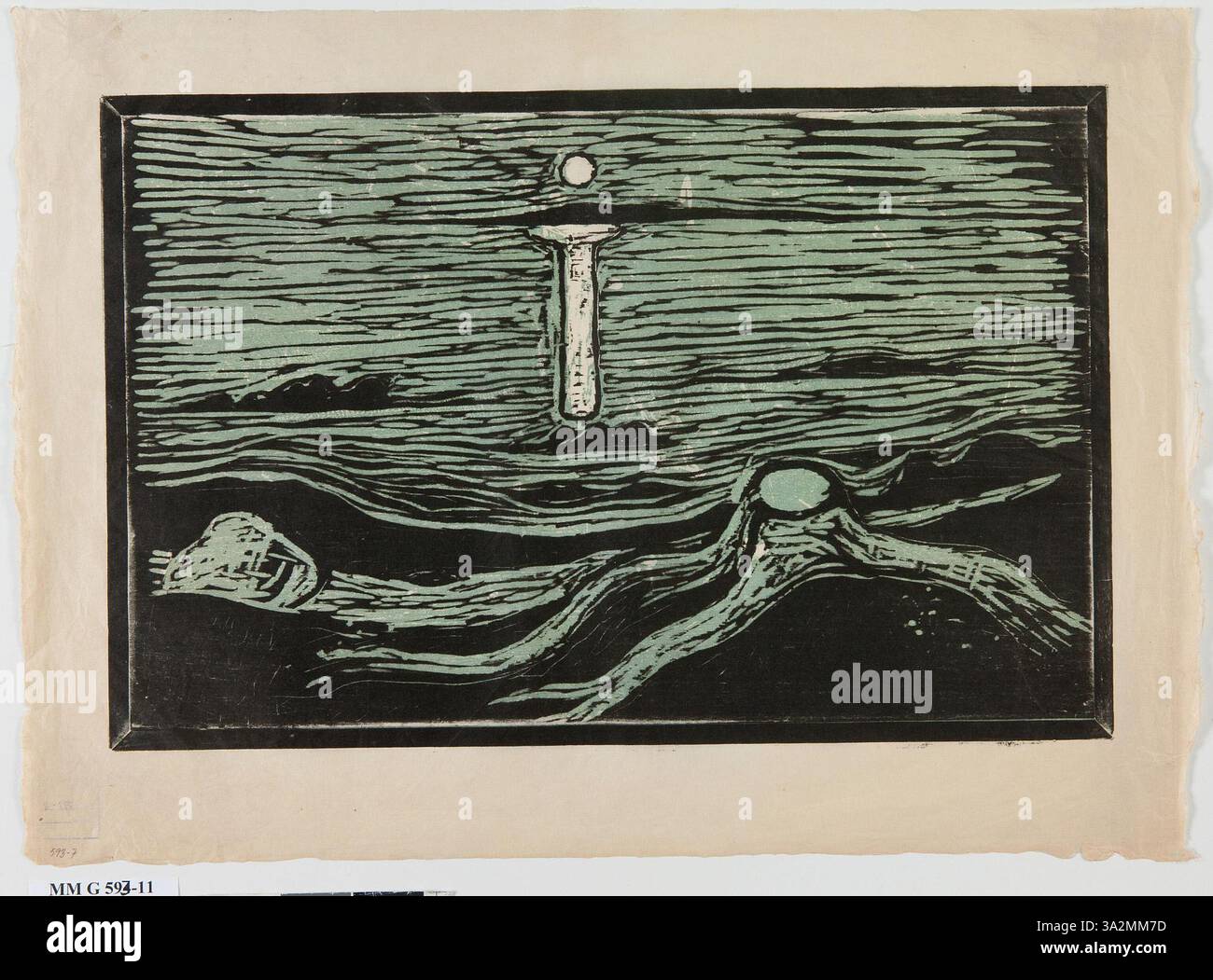 This artwork by Edvard Munch presents a dark, mysterious shore ...