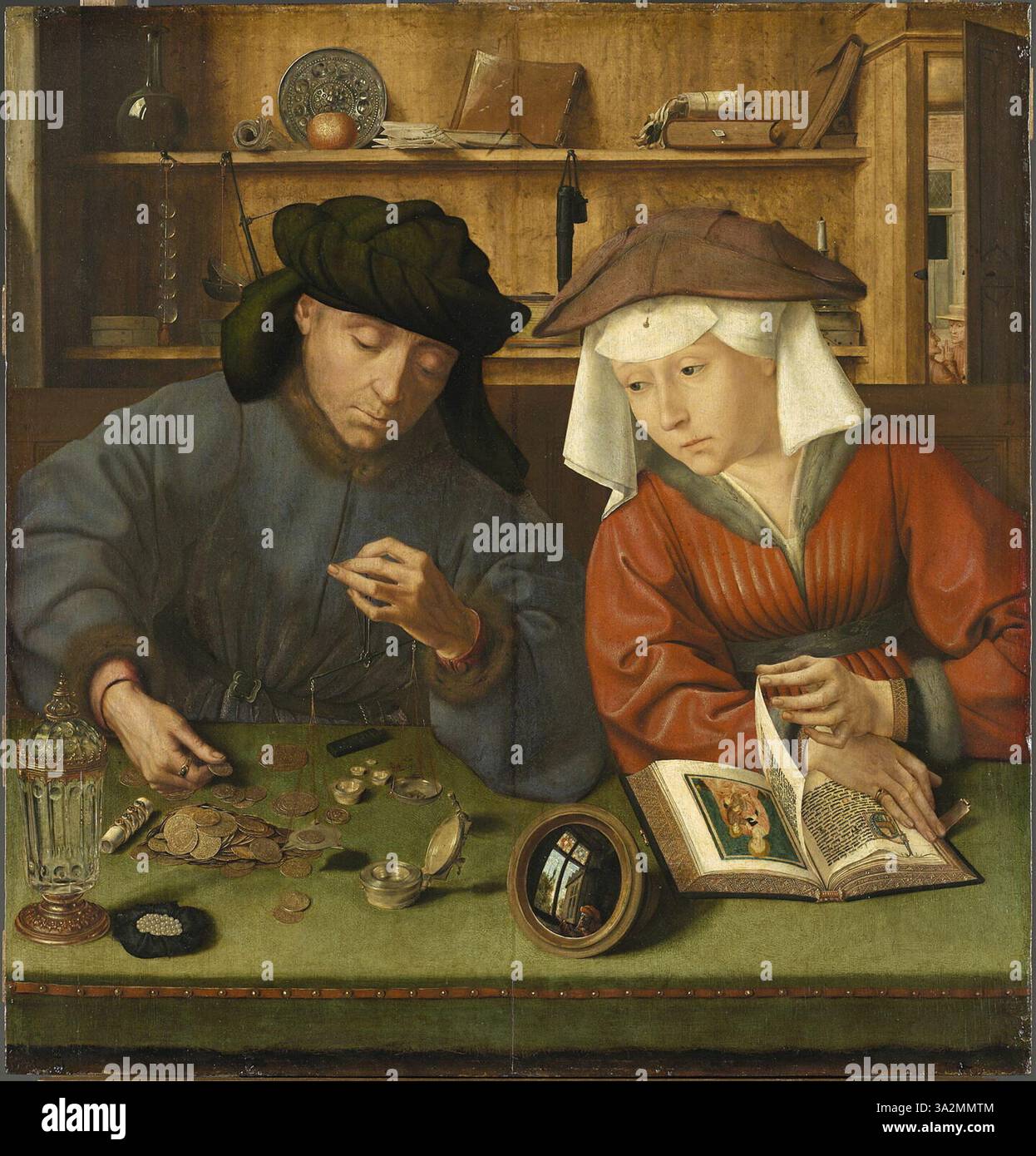 Quentin Metsys’ 'Le prêteur et sa femme' (The Moneylender and His Wife) from 1514 portrays a ...