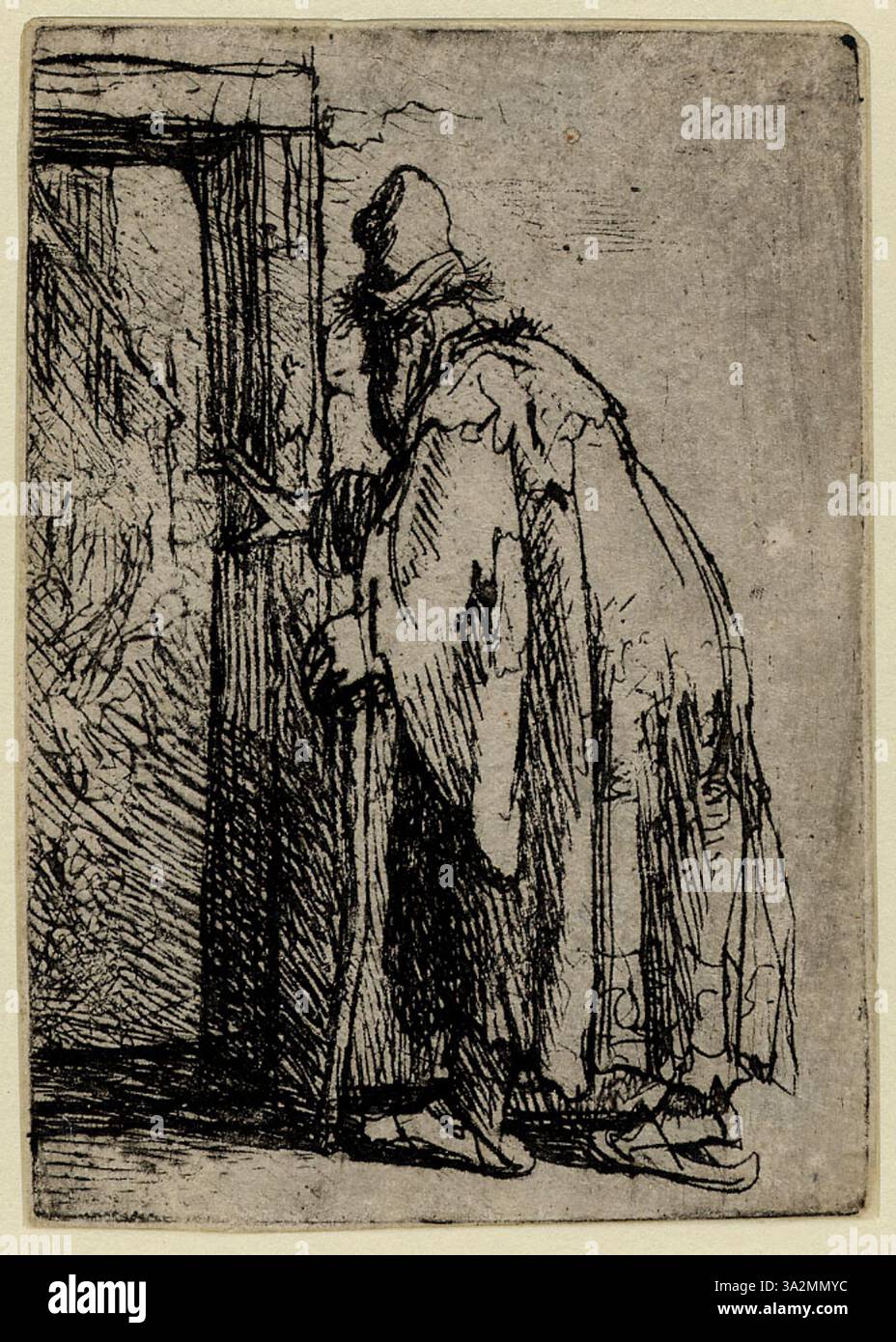 A striking etching by Rembrandt, showcasing his mastery of chiaroscuro. The use of bold ...