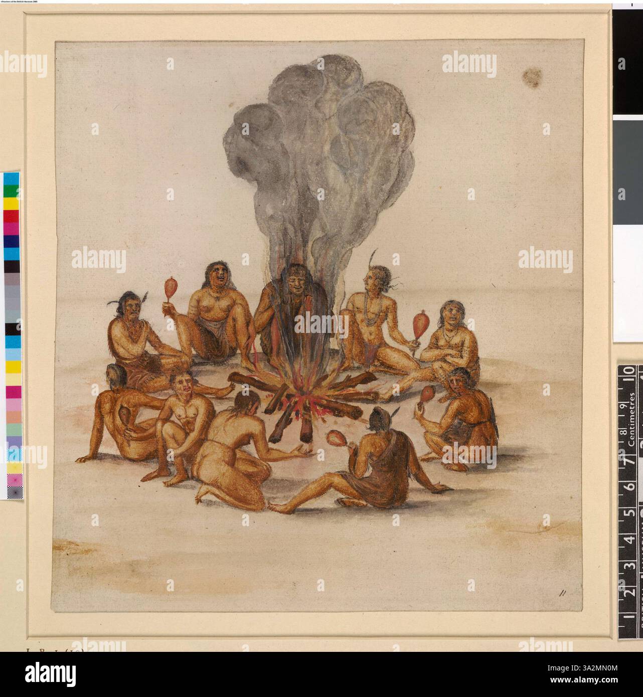 This artwork depicts a Native American campfire ceremony, a cultural ...